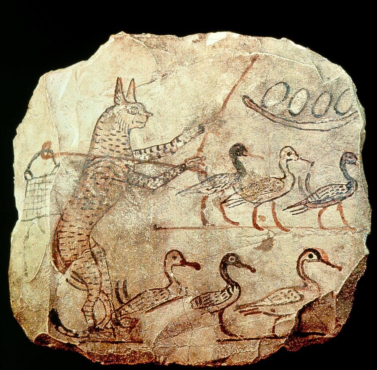 Ostracon of a Cat Minding Geese - Egypt Museum